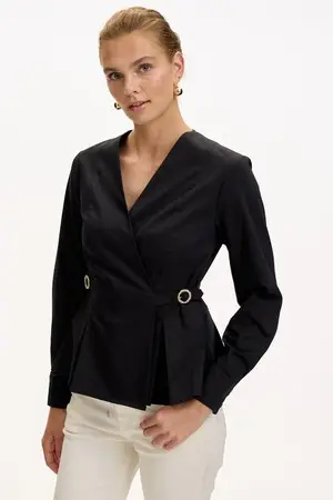 EXQUISE Ashlynn Wrap Collar Shirt - Black