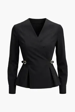 EXQUISE Ashlynn Wrap Collar Shirt - Black