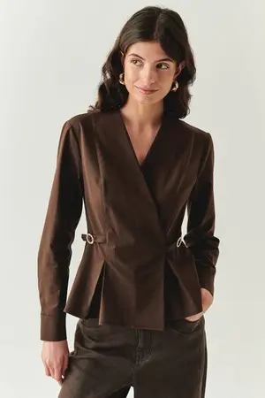EXQUISE Ashlynn Wrap Collar Shirt Brown