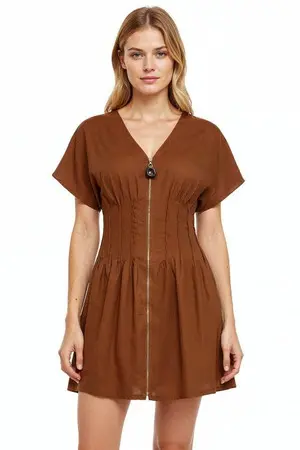 EXQUISE Short Sleeve Linen Mini Dress - Brown