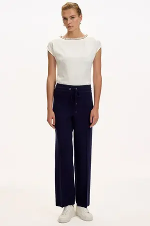 EXQUISE Drawstring Knitted Trousers - Navy Blue