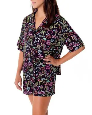 SUNSHINE SOCIETY Neon Lights Silky Short Sleeve Shorts Set - Black