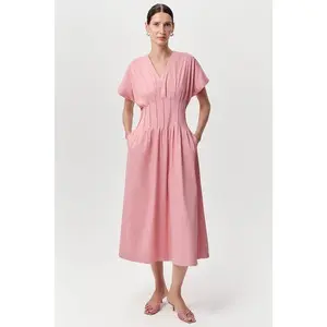 EXQUISE Amaud Short Sleeve V Neck Midi Dress - Pink