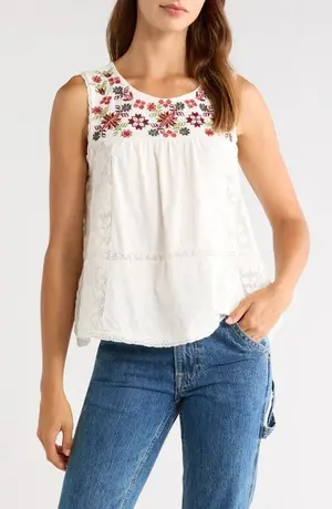 LUCKY BRAND Lucky Brand Embroidered Square Neck Cotton Tank