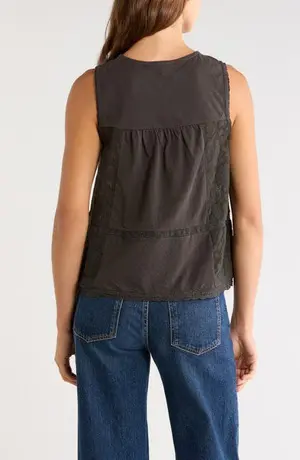 Lucky Brand Embroidered Square Neck Cotton Tank - Raven