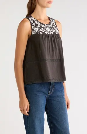 Lucky Brand Embroidered Square Neck Cotton Tank - Raven