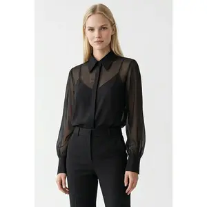 EXQUISE Madelyn Balloon Sleeve Sheer Shirt