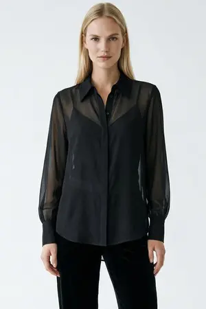 EXQUISE Madelyn Balloon Sleeve Sheer Shirt