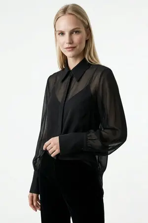 EXQUISE Madelyn Balloon Sleeve Sheer Shirt