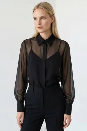 EXQUISE Madelyn Balloon Sleeve Sheer Shirt