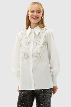 EXQUISE Madelyn Balloon Sleeve Sheer Shirt