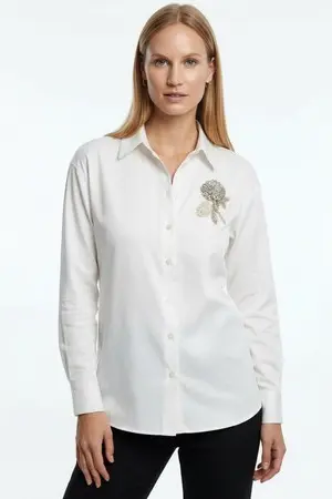EXQUISE Jaelyn Embellished Long Sleeve Shirt - Ecru
