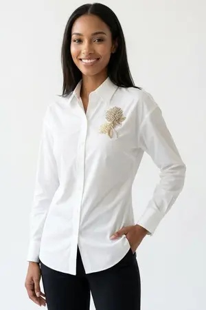 EXQUISE Jaelyn Embellished Long Sleeve Shirt - Ecru