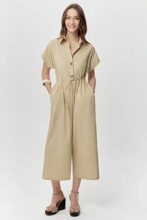 EXQUISE Nixie Shirt Collar Short Sleeve Drawstring Waist Jumpsuit - Beige