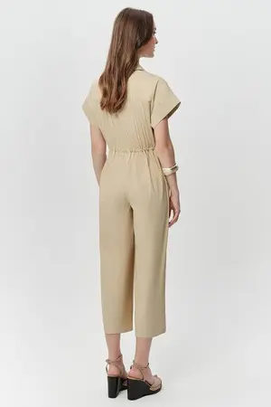 EXQUISE Cropped Jumpsuit With Shirt Collar And Drawstring Waist