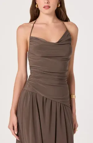 Astr The Label Savannah Ruched Cowl Neck Halter Top - Mushroom