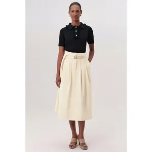 EXQUISE Nathalie High Waisted Pleated Midi Skirt - Cream