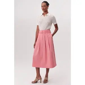 EXQUISE Nathalie High Waisted Pleated Midi Skirt - Pink
