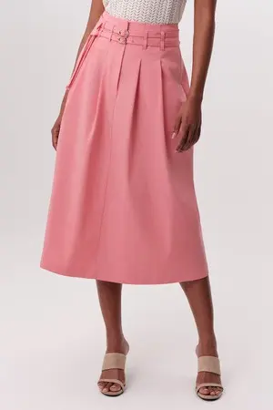 EXQUISE Nathalie High Waisted Pleated Midi Skirt - Pink
