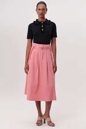 EXQUISE Nathalie High Waisted Pleated Midi Skirt - Pink