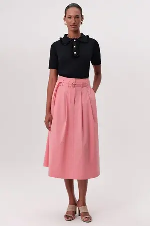 EXQUISE Nathalie High Waisted Pleated Midi Skirt - Pink