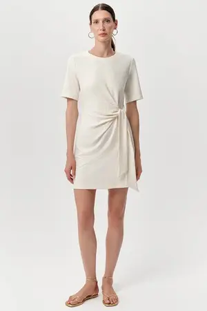 EXQUISE Velvet Crew Neck Mini Knit Dress - Ecru