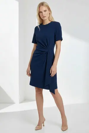 EXQUISE Velvet Crew Neck Mini Knit Dress - Navy
