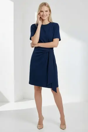 EXQUISE Velvet Crew Neck Mini Knit Dress - Navy