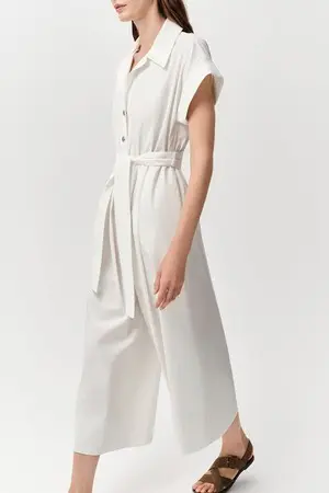 EXQUISE Leatrice Short Sleeve Belted Midi Jumpsuit - Bone