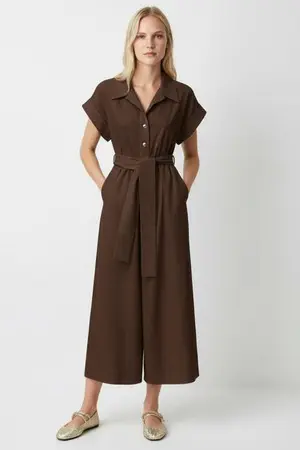 EXQUISE Leatrice Short Sleeve Belted Midi Jumpsuit Brown