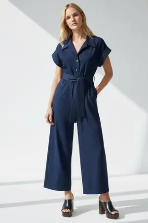 EXQUISE Leatrice Short Sleeve Belted Midi Jumpsuit Navy