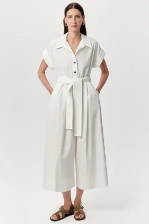 EXQUISE Leatrice Short Sleeve Belted Midi Jumpsuit - White