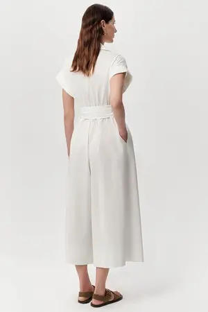 EXQUISE Leatrice Short Sleeve Belted Midi Jumpsuit - White