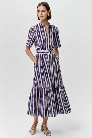 EXQUISE Xenia Short Sleeve Belted Pocketed Midi Dress - Sax