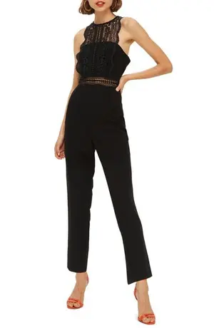 Topshop Saskia Lace Trim Jumpsuit - Black