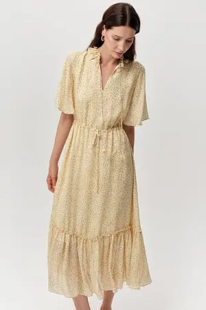 EXQUISE Printed V-neck Midi Dress With Tie Waist And Ruffled Hem