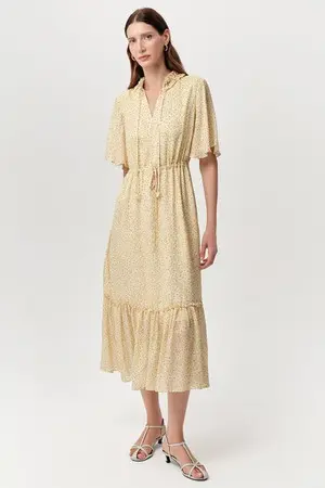 EXQUISE Printed V-neck Midi Dress With Tie Waist And Ruffled Hem