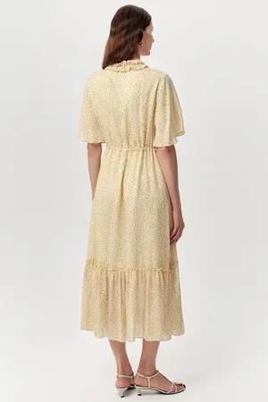 EXQUISE Printed V-neck Midi Dress With Tie Waist And Ruffled Hem