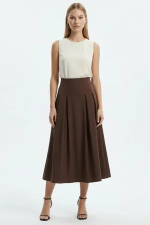 EXQUISE Nayaine Pleated Elasticated Back Midi Skirt - Brown