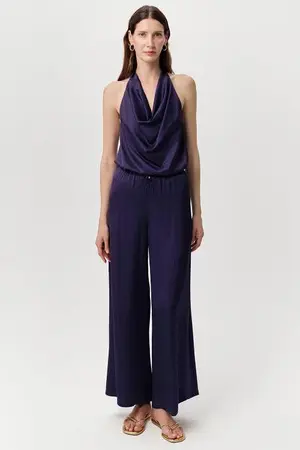 EXQUISE Queen Drawstring Waist Wide Leg Satin Pants - Navy