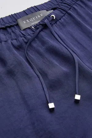 EXQUISE Queen Drawstring Waist Wide Leg Satin Pants