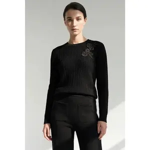 EXQUISE Ryann Embroidered Knit Blouse - Black
