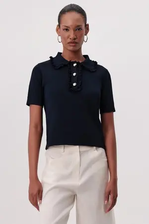EXQUISE Parker Ruffle Collar Short Sleeve Knit Blouse - Navy