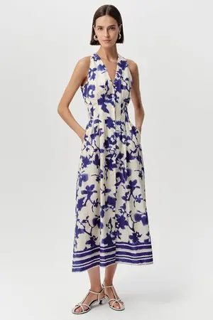EXQUISE Zeta Sleeveless V Neck Midi Dress - Sax