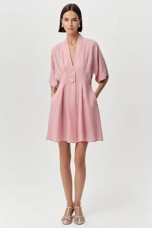 EXQUISE Alita V Neck Short Sleeve Linen Mini Dress - Pink