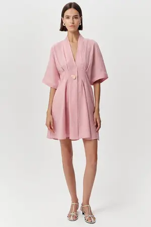 EXQUISE Alita Linen V-neck Short Sleeve Mini Dress