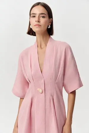 EXQUISE Alita Linen V-neck Short Sleeve Mini Dress
