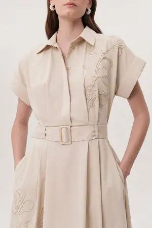 EXQUISE Kelsie Short Sleeve Midi Shirt Dress With Floral Embroidery - Cream