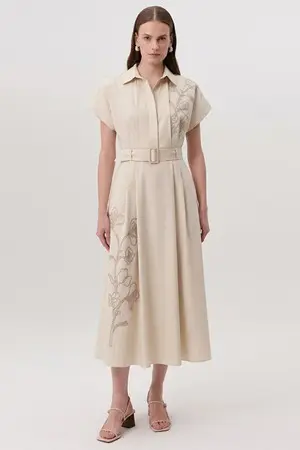 EXQUISE Kelsie Short Sleeve Midi Shirt Dress With Floral Embroidery - Cream