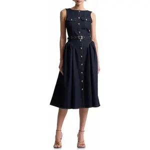 Avec Les Filles Belted Sleeveless Denim Dress - Dark Rinse